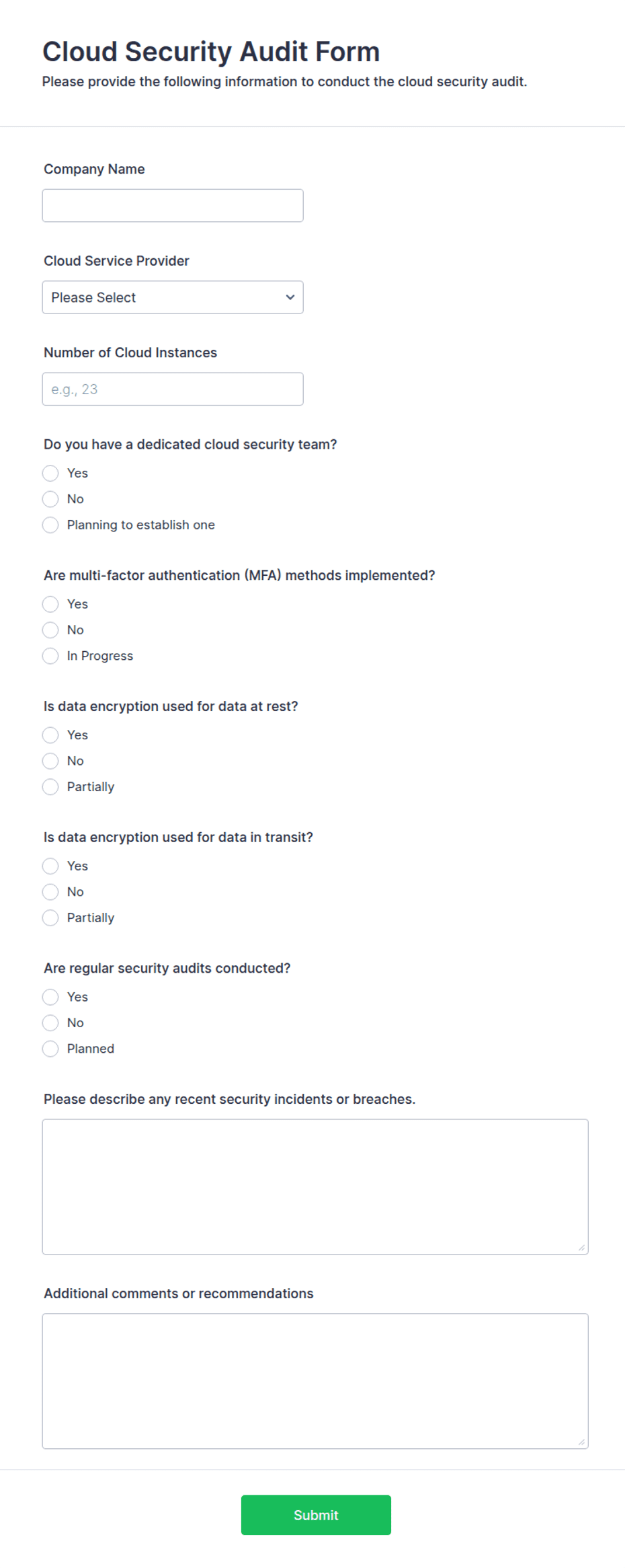 Cloud Security Audit Form Template | Jotform