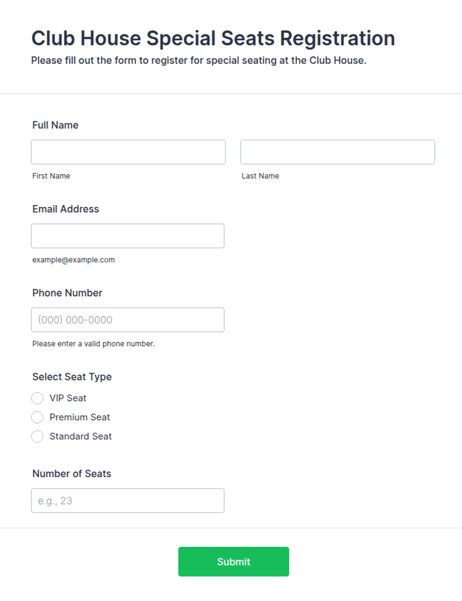 Club House Special Seats Registration Form Template | Jotform