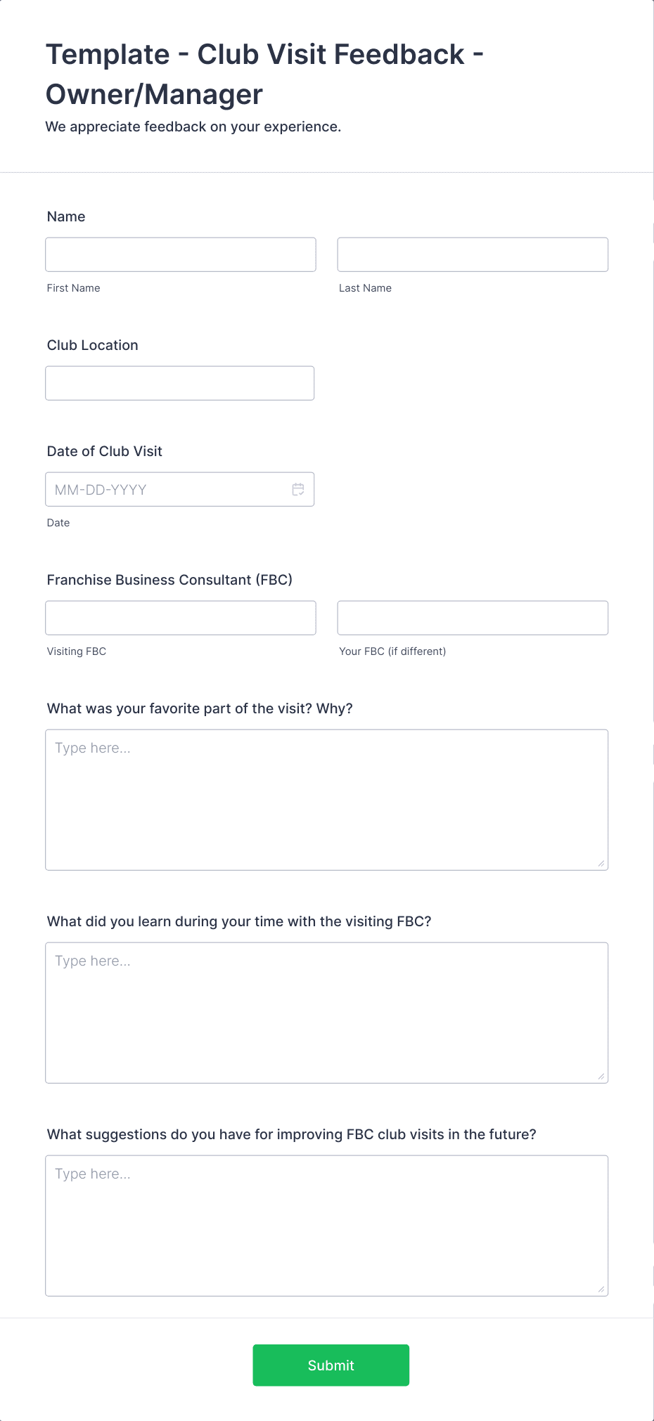 Club Visit Feedback Form Template | Jotform