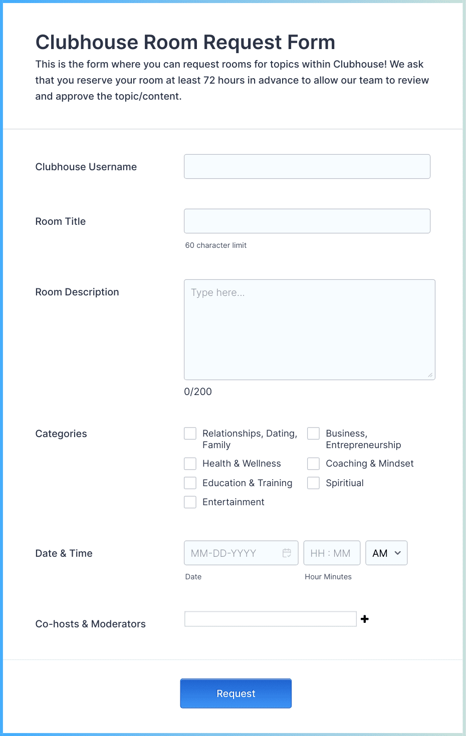 Clubhouse Room Request Form Template | Jotform