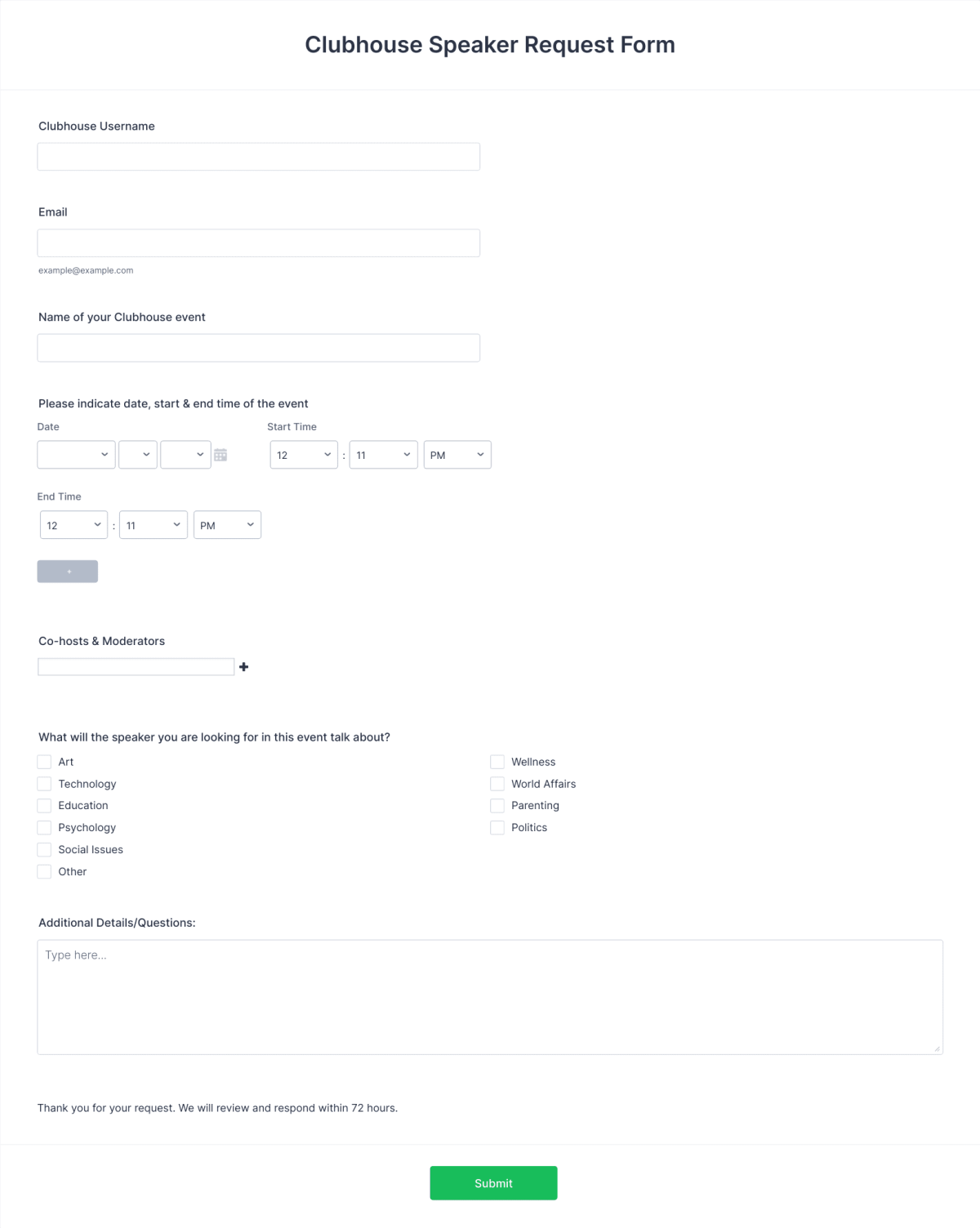 Clubhouse Speaker Request Form Template | Jotform