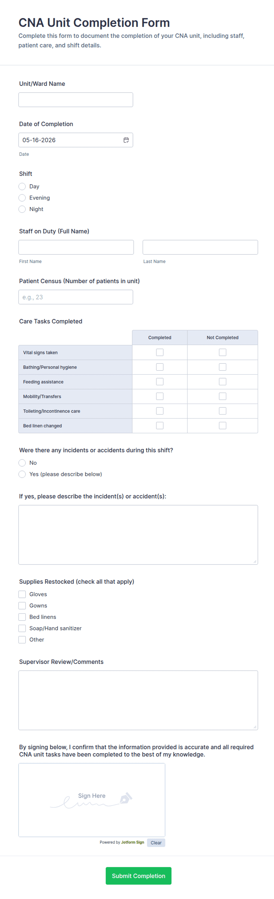 CNA Unit Completion Form Template | Jotform