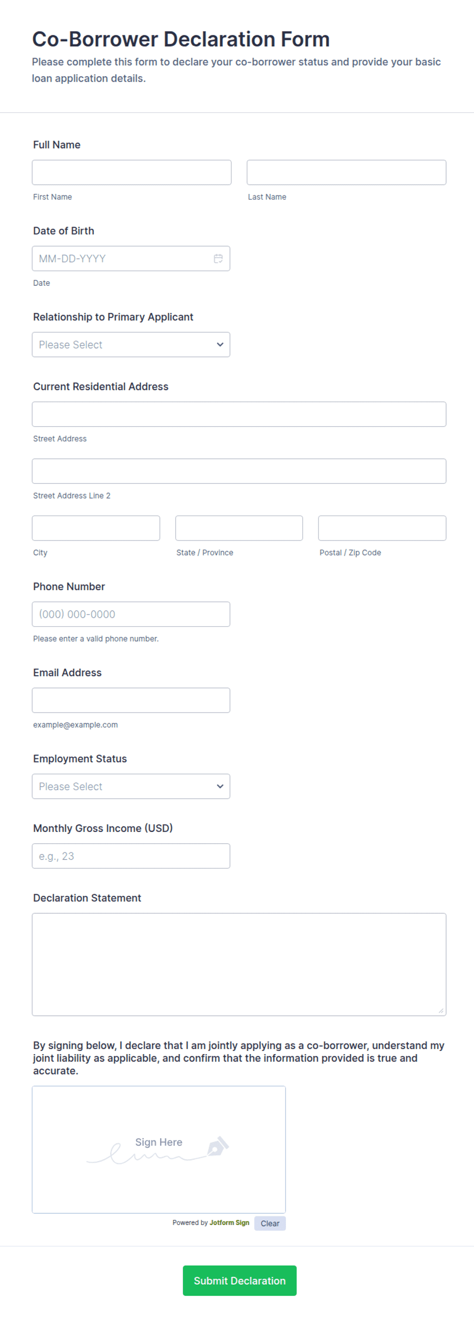 Co-Borrower Declaration Form Template | Jotform