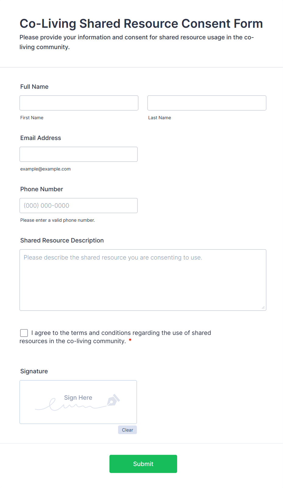 Co-Living Shared Resource Consent Form Template | Jotform