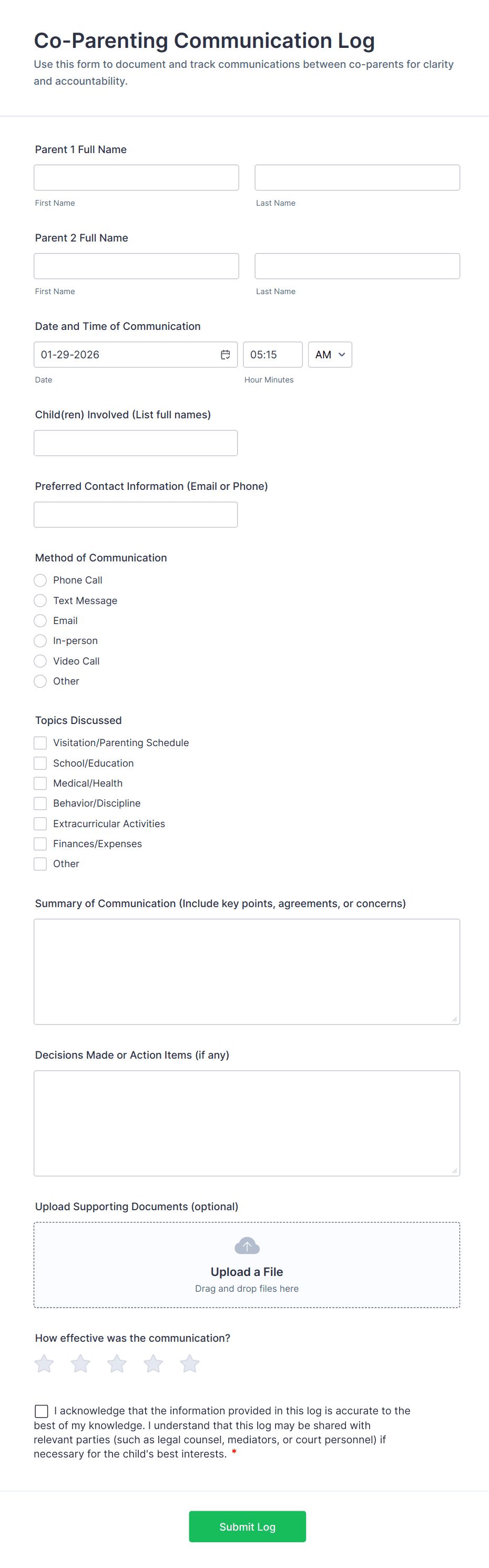 Co-Parenting Communication Log Form Template | Jotform
