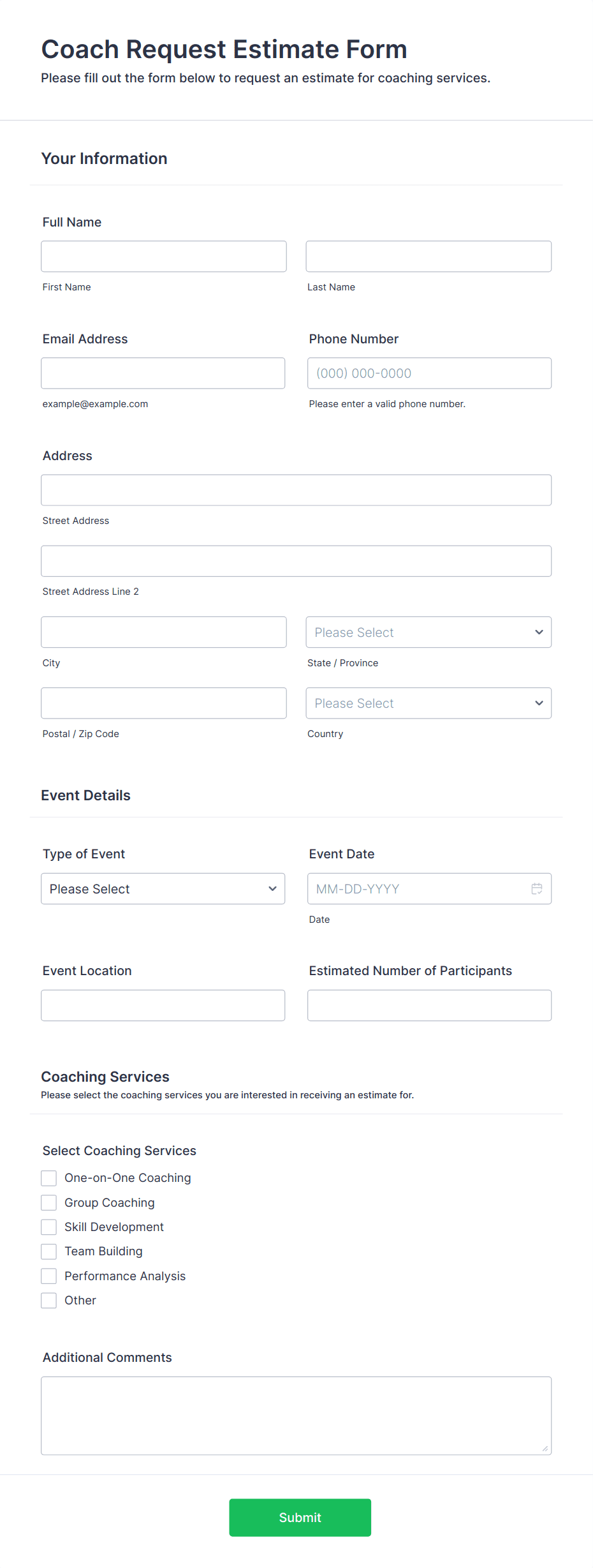 Coach Request Estimate Form Template | Jotform