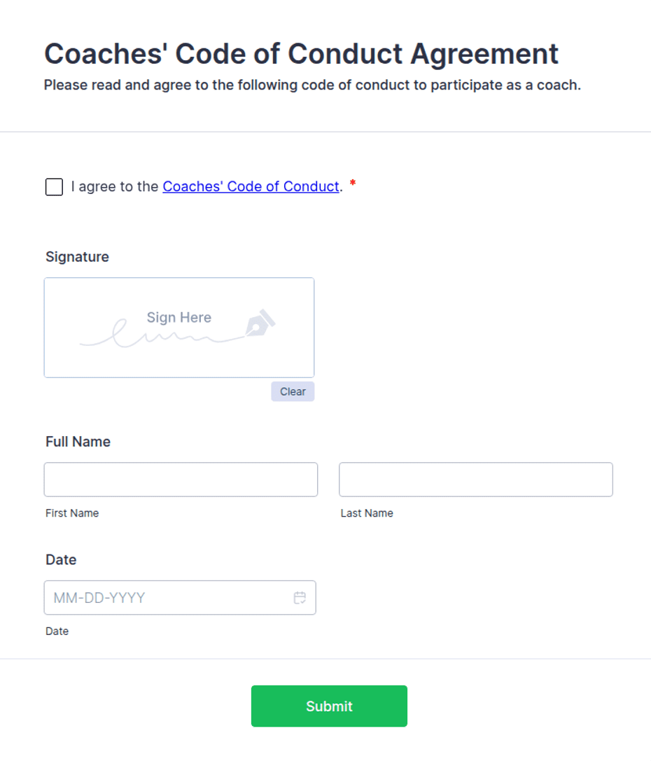 Coaches' Code of Conduct Agreement Form Template | Jotform