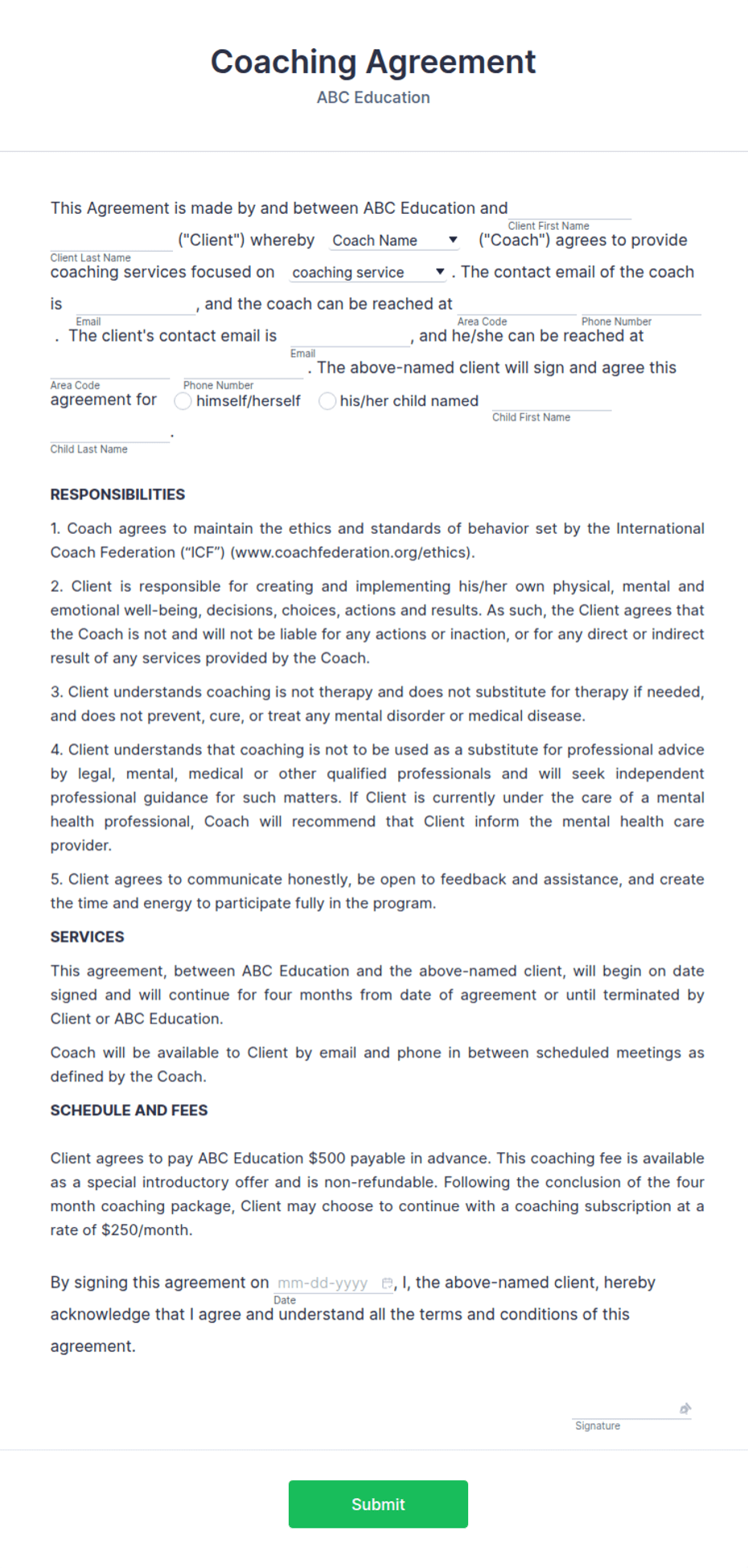 Coaching Agreement Form Template | Jotform