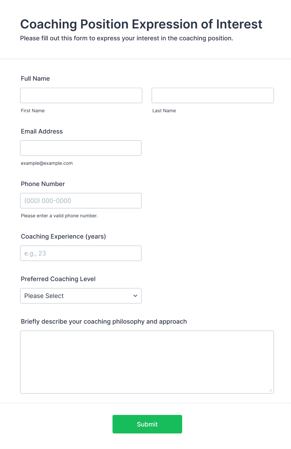 Coaching Position Expression of Interest Form Template | Jotform