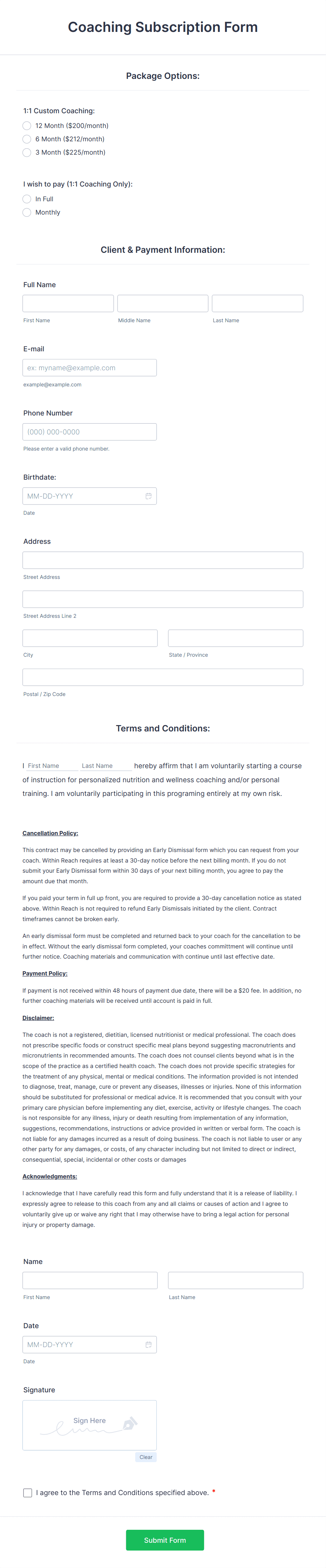 Coaching Subscription Form Template | Jotform