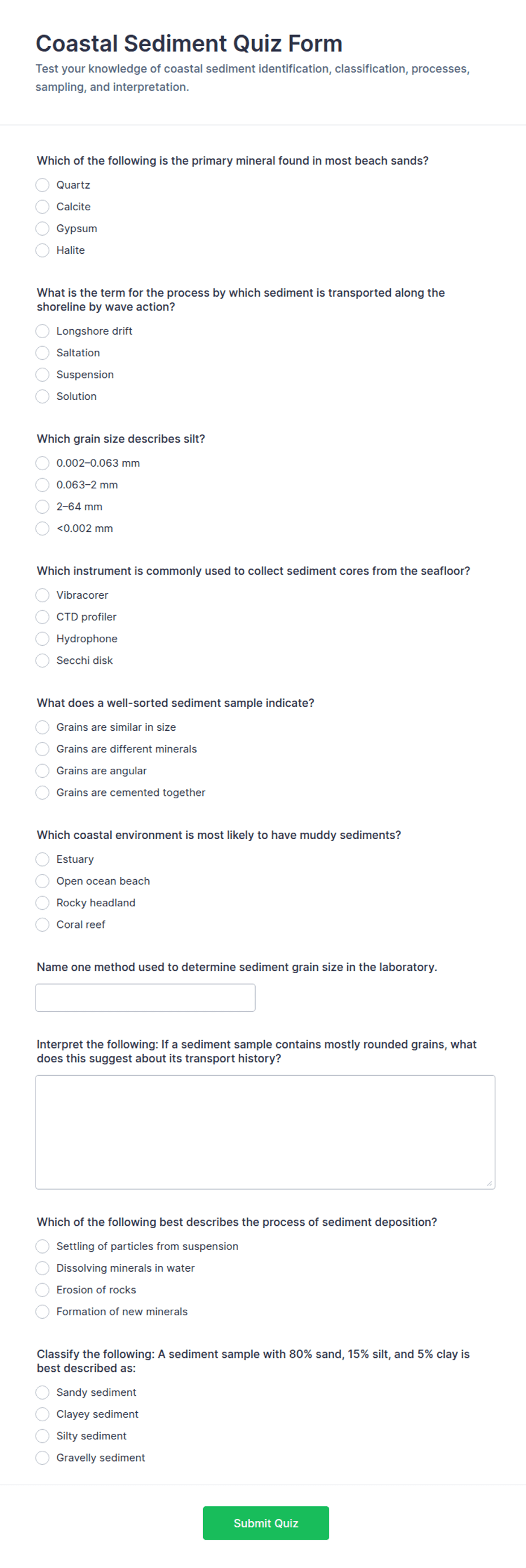 Coastal Sediment Quiz Form Template | Jotform