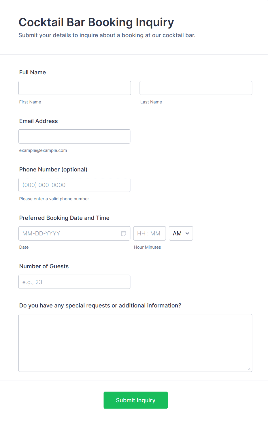 Cocktail Bar Booking Inquiry Form Template | Jotform