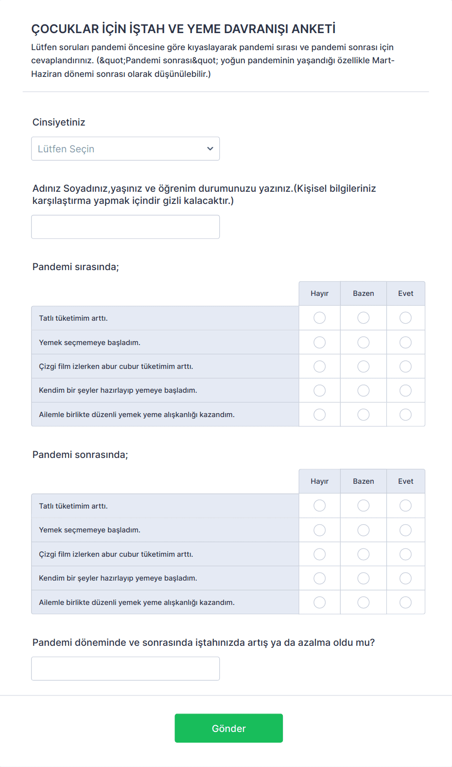 Çocuklar için İştah ve Yeme Davranışı Anket Formu Örneği | Jotform