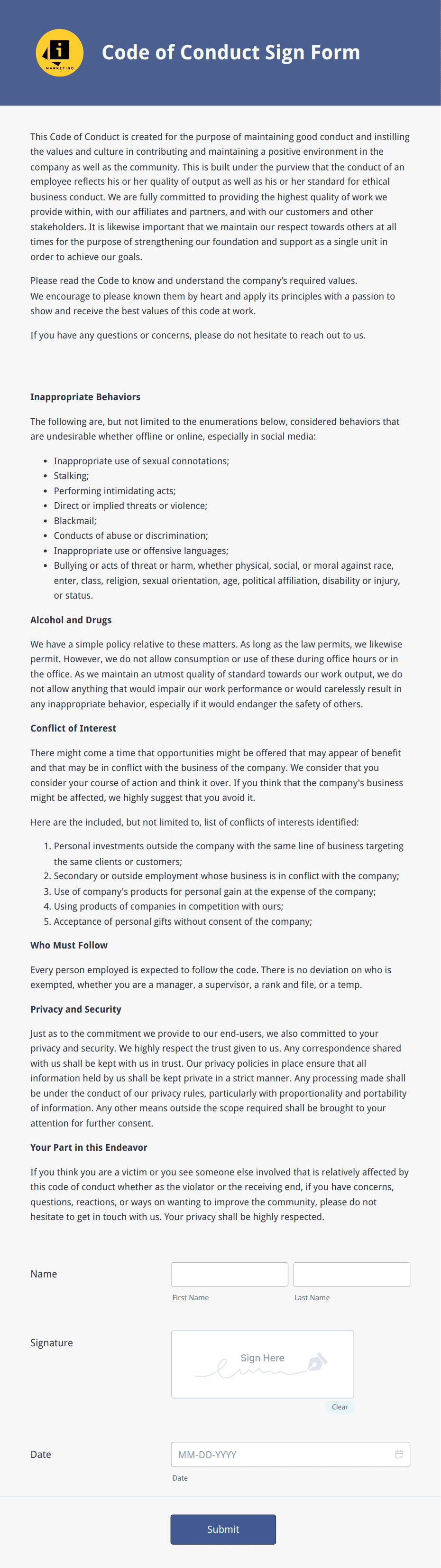 Code of Conduct Sign Form Template | Jotform