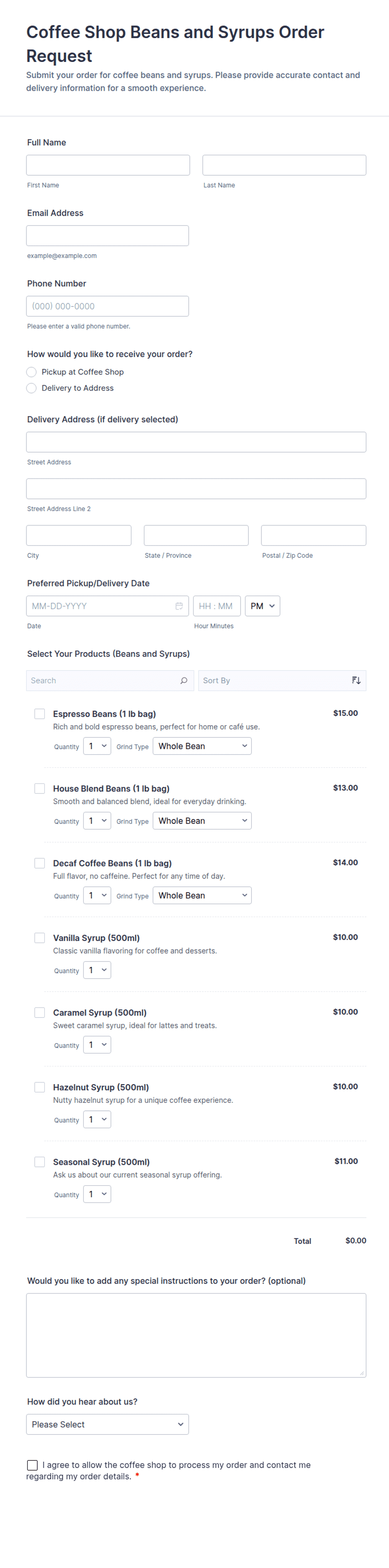 Coffee Shop Beans and Syrups Order Request Form Template | Jotform