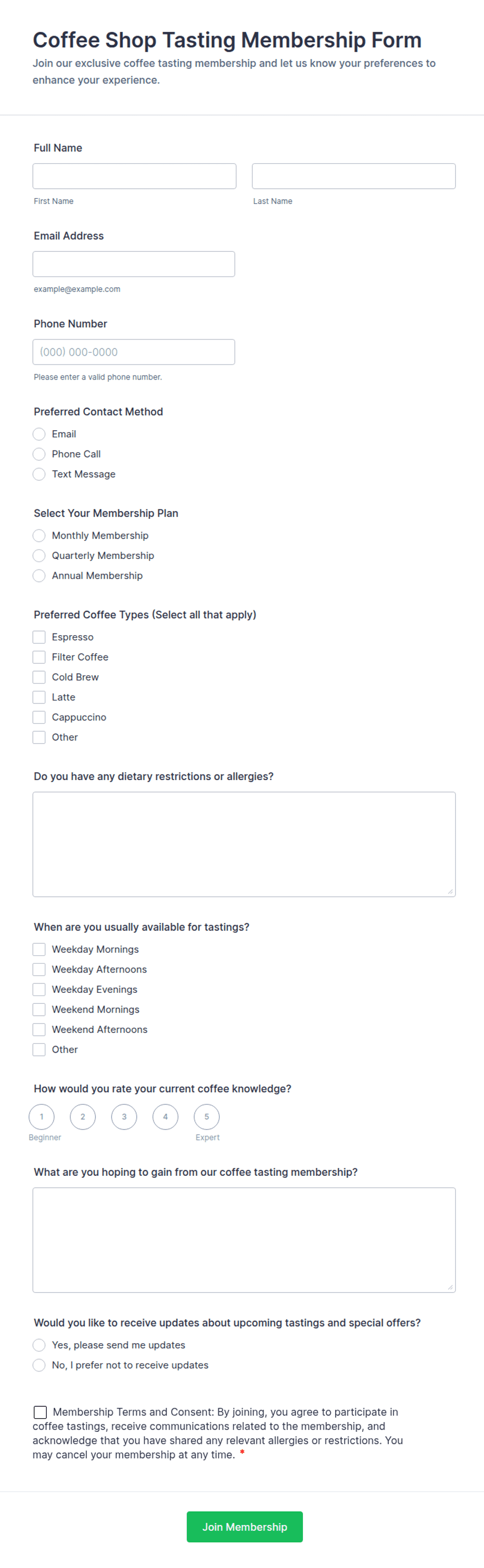 Coffee Shop Tasting Membership Form Template | Jotform