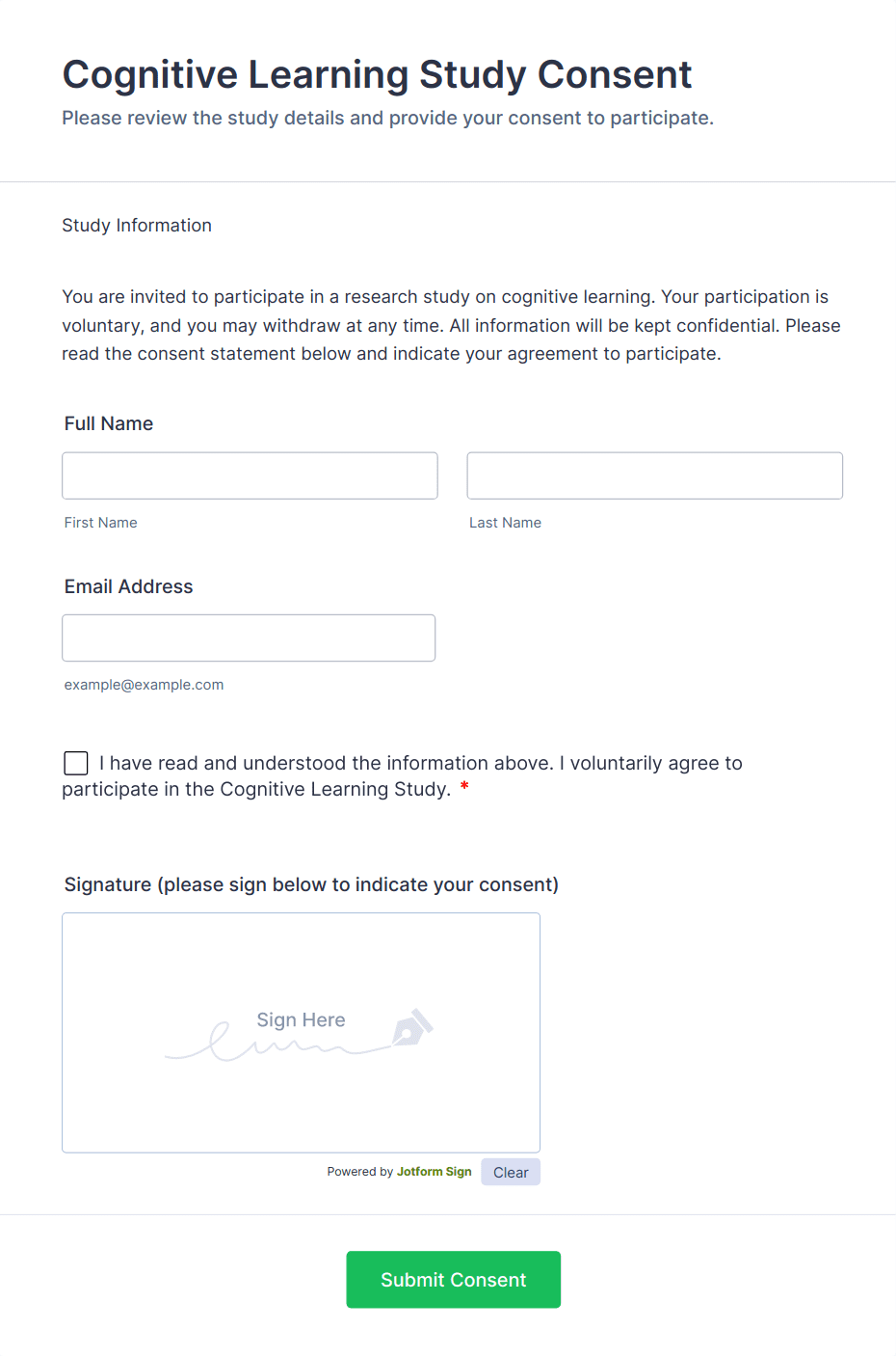 Cognitive Learning Study Consent Form Template | Jotform