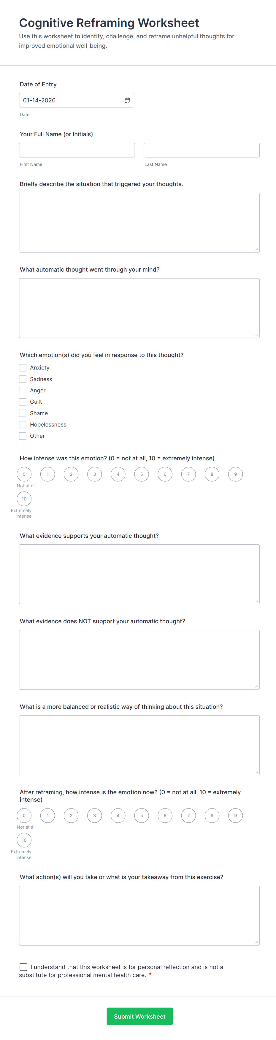 Cognitive Reframing Worksheet Form Template | Jotform