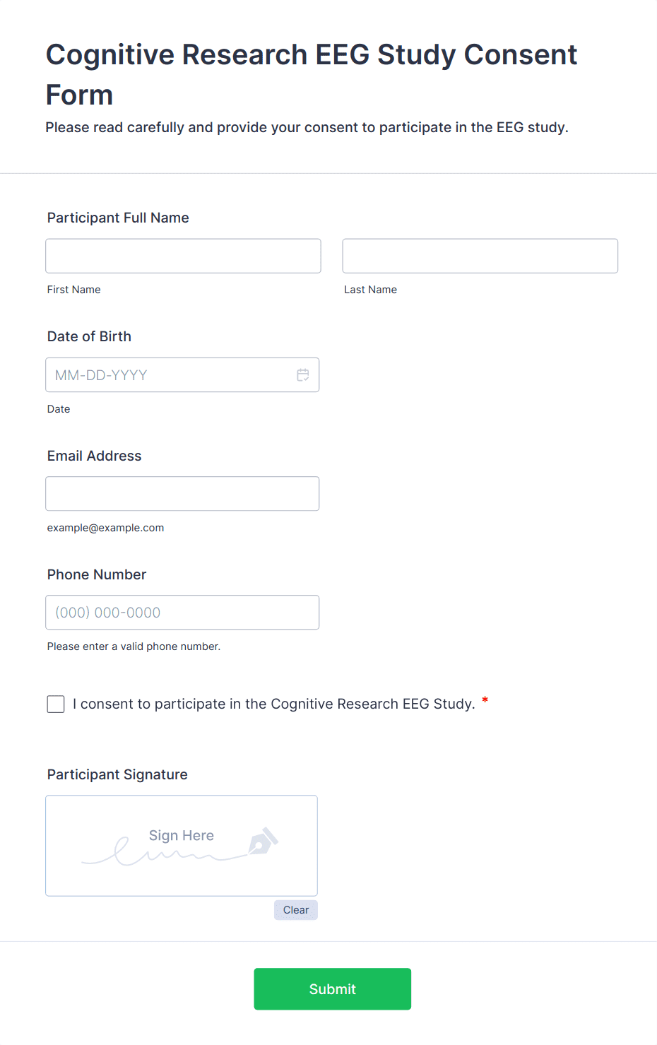 Cognitive Research EEG Study Consent Form Template | Jotform