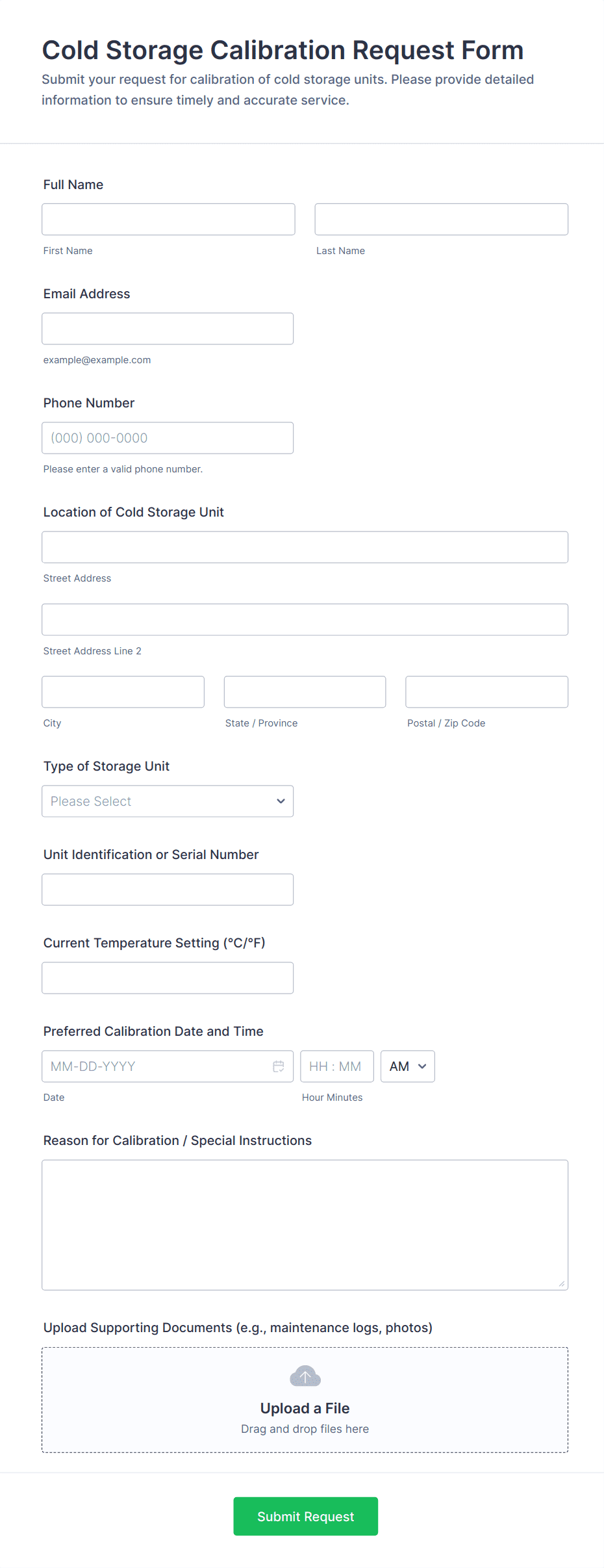 Cold Storage Calibration Request Form Template | Jotform