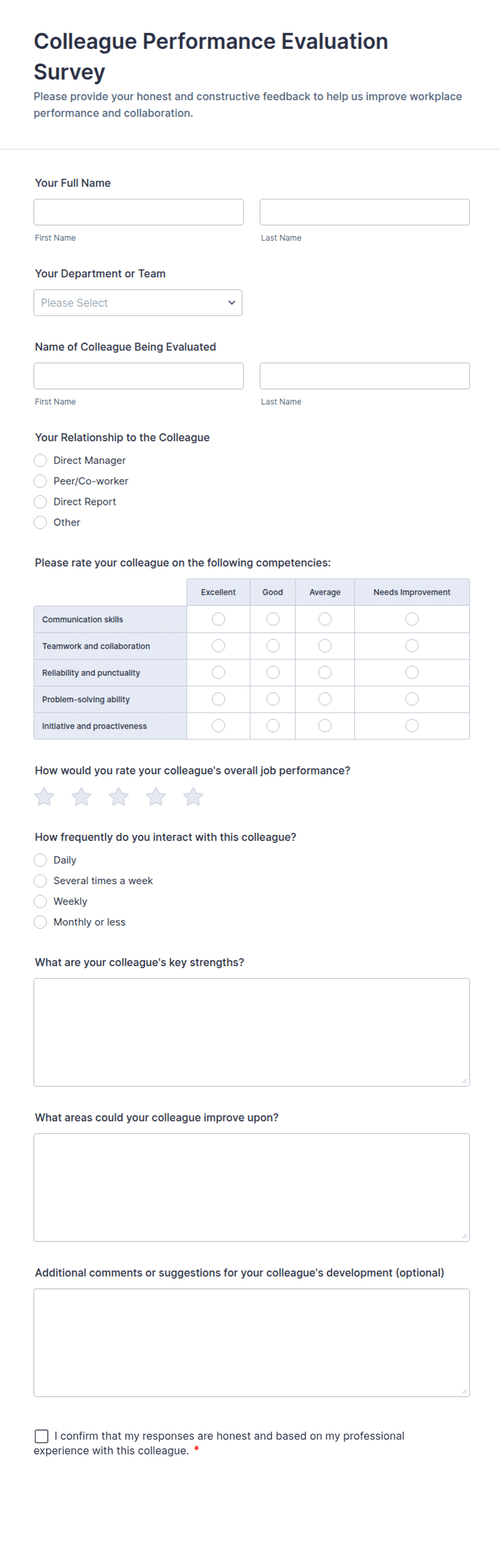 Colleague Performance Evaluation Survey Form Template | Jotform