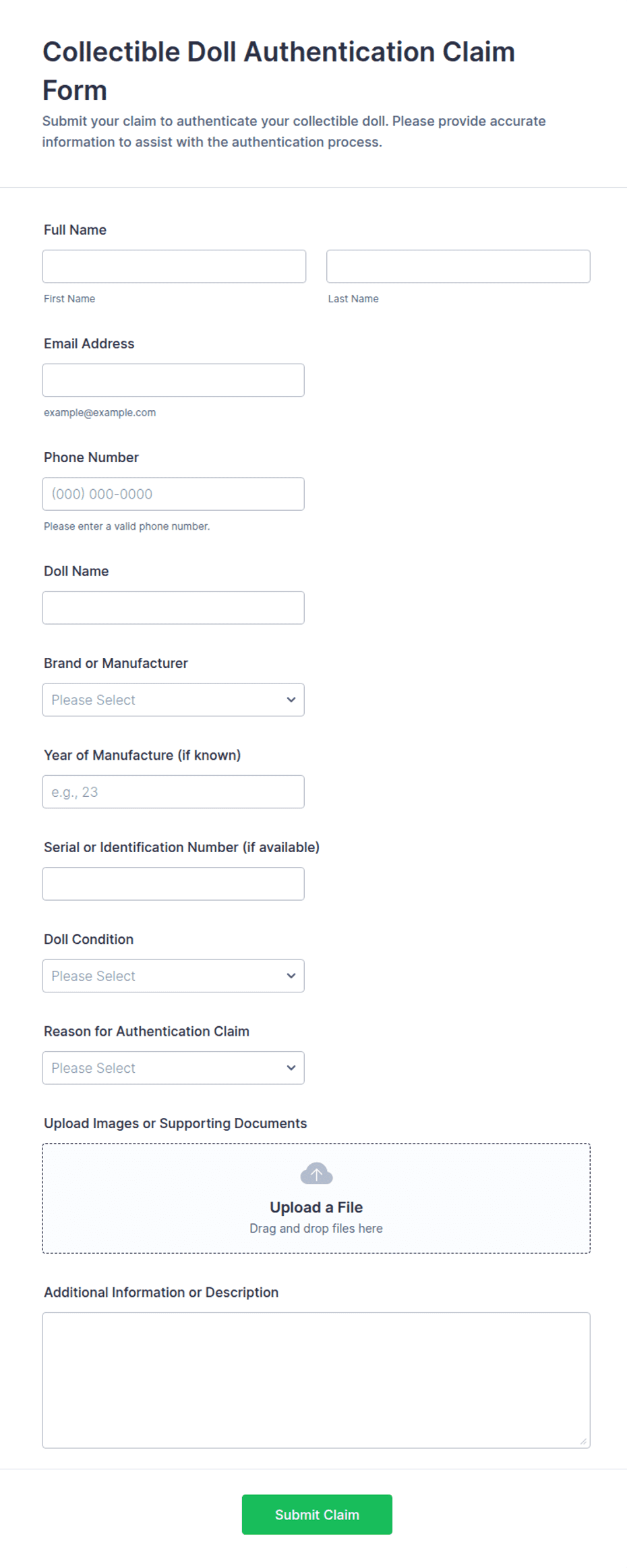 Collectible Doll Authentication Claim Form Template | Jotform