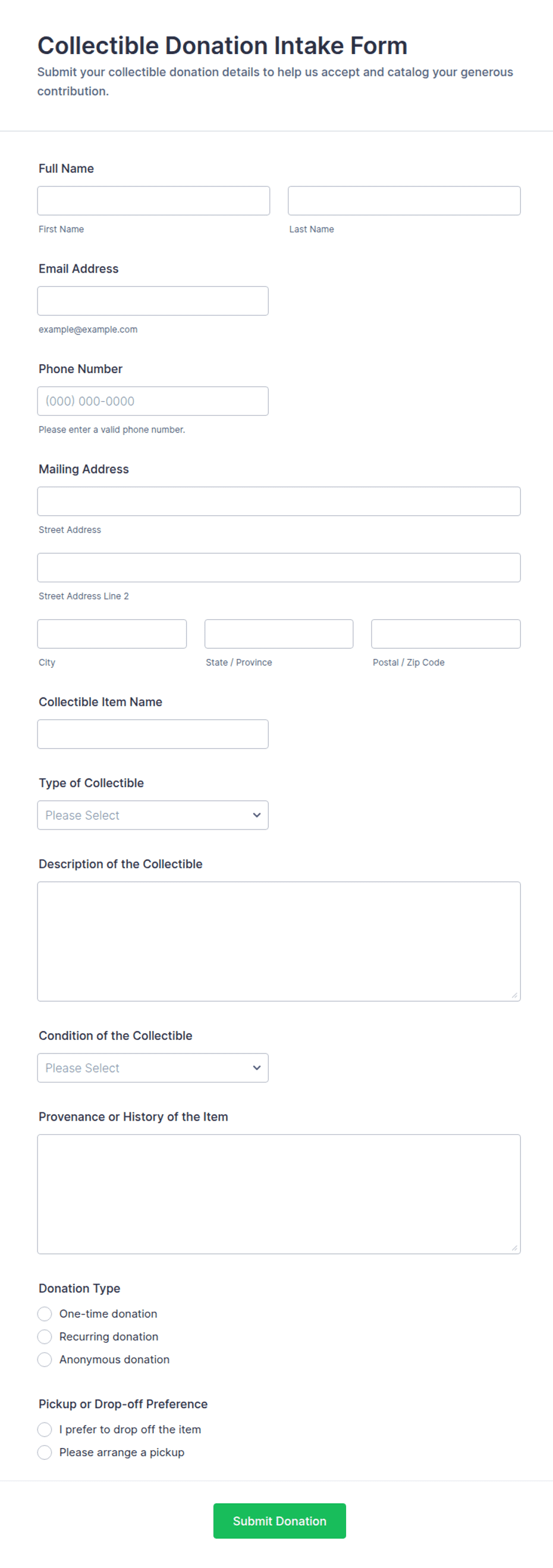 Collectible Donation Intake Form Template | Jotform