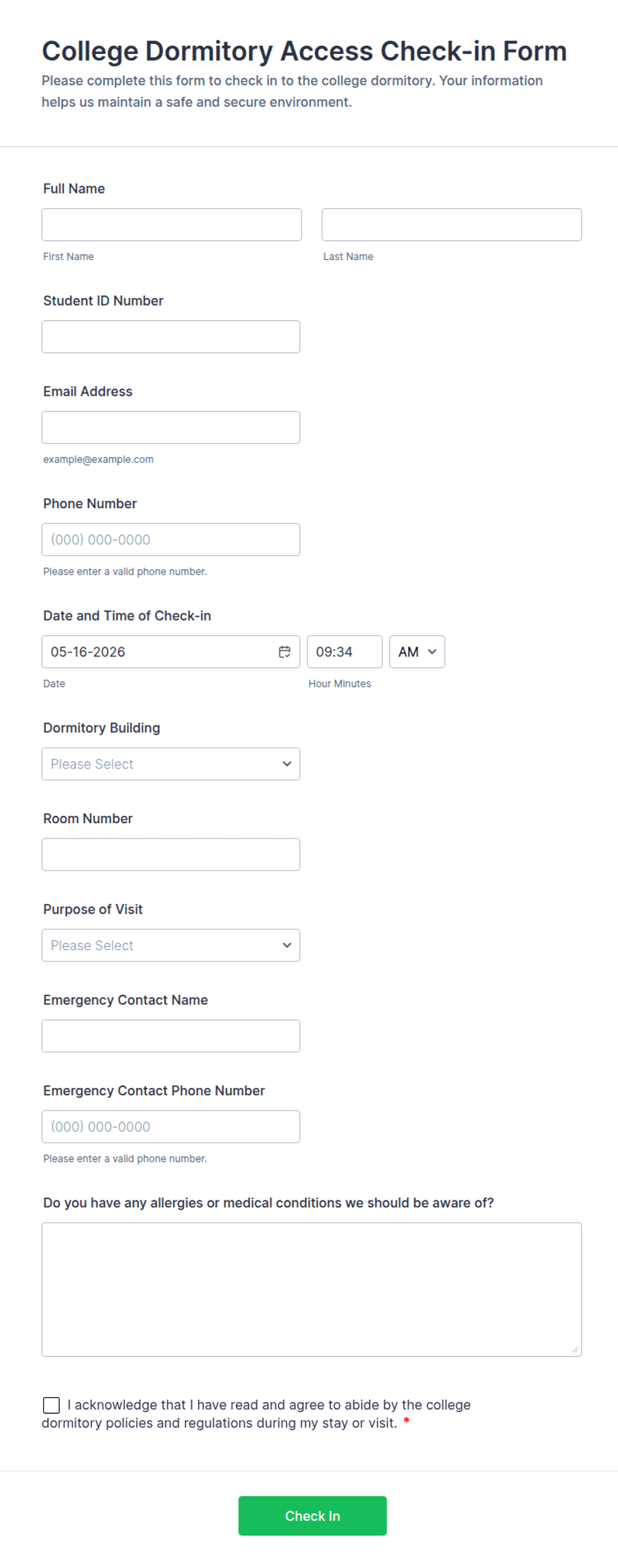 College Dormitory Access Check-in Form Template | Jotform
