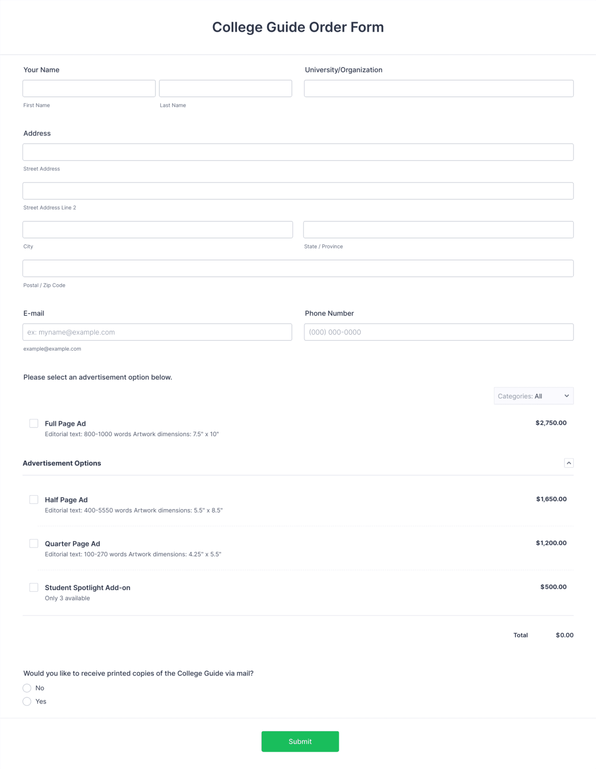 College Guide Order Form Template | Jotform