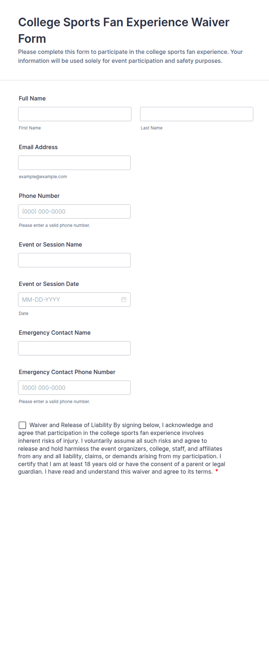 College Sports Fan Experience Waiver Form Template | Jotform