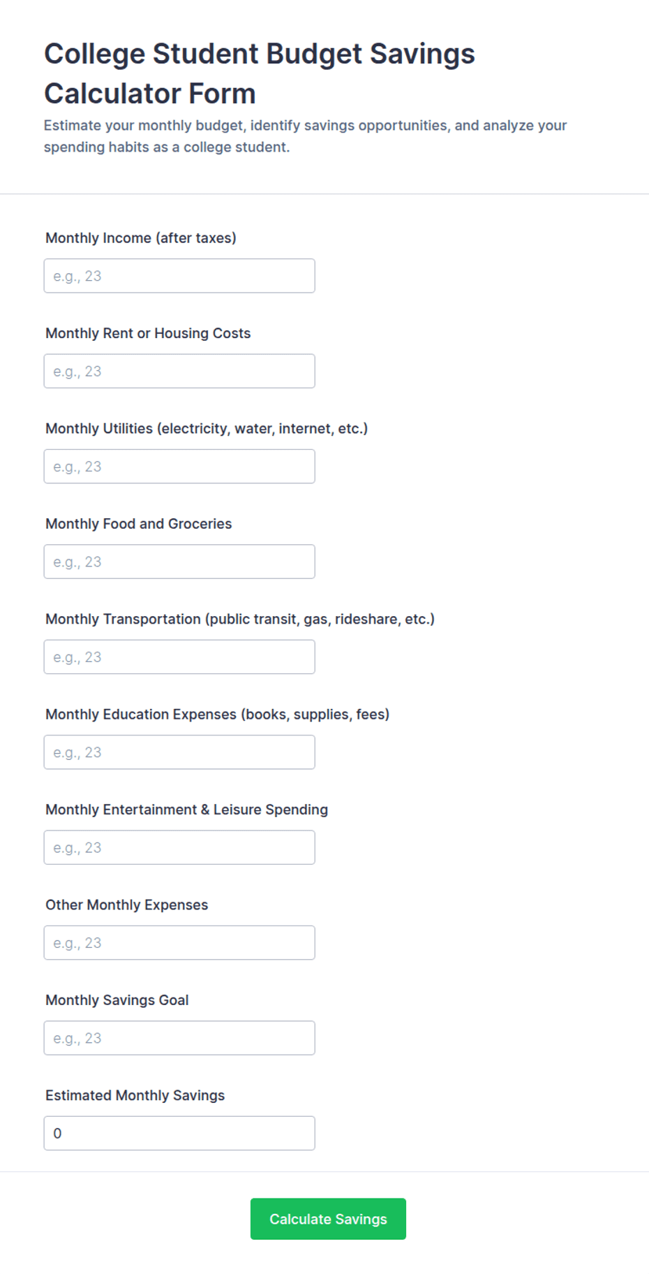 College Student Budget Savings Calculator Form Template | Jotform