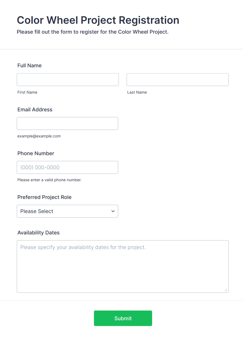 Color Wheel Project Registration Form Template | Jotform
