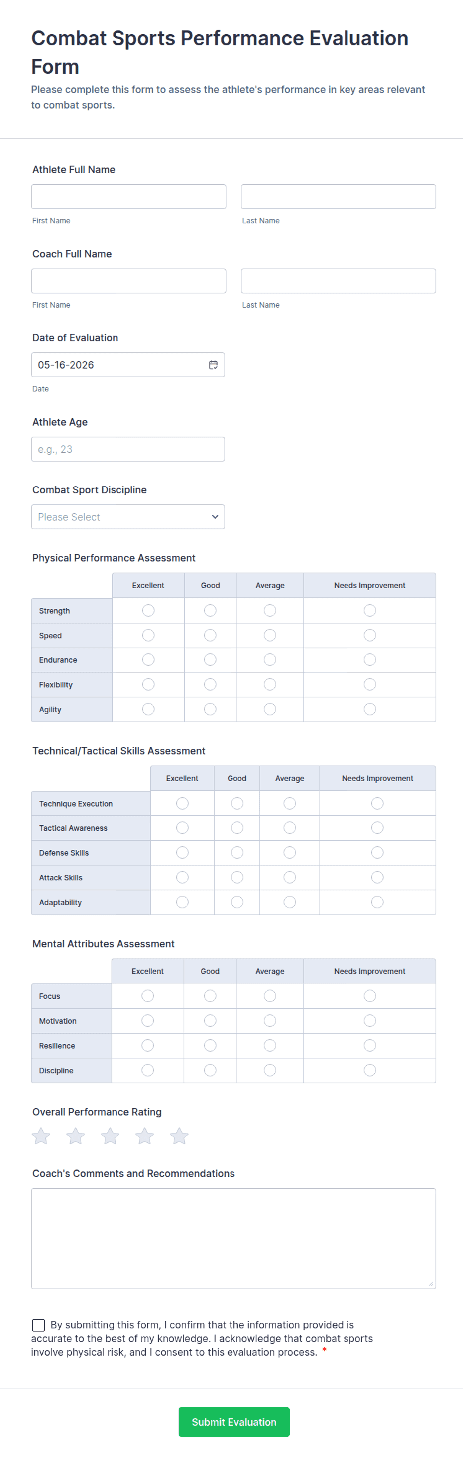 Combat Sports Performance Evaluation Form Template | Jotform