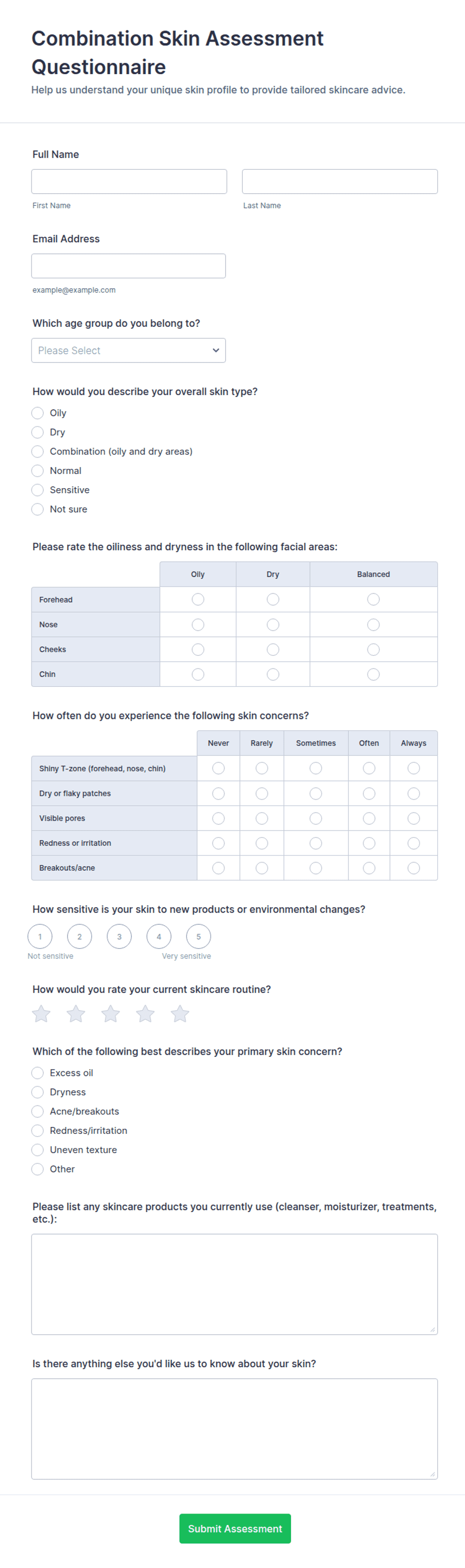 Combination Skin Assessment Questionnaire Form Template | Jotform