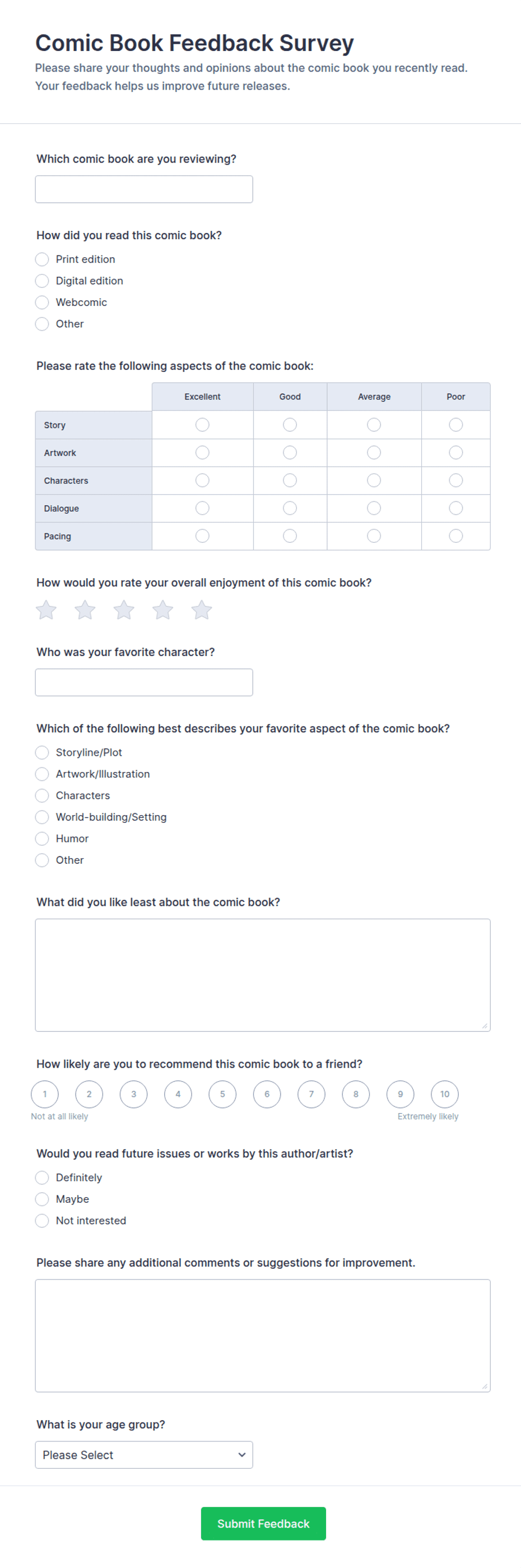 Comic Book Feedback Survey Form Template | Jotform