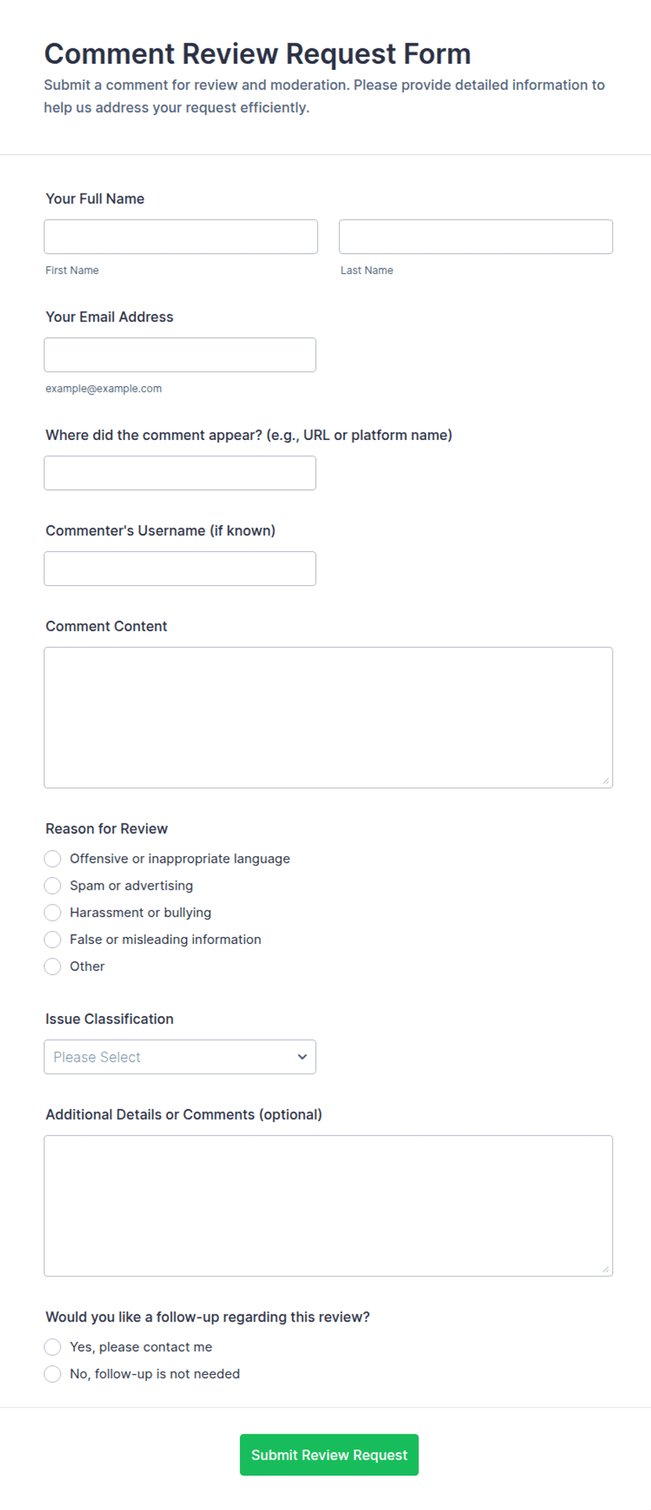 Comment Review Request Form Template | Jotform