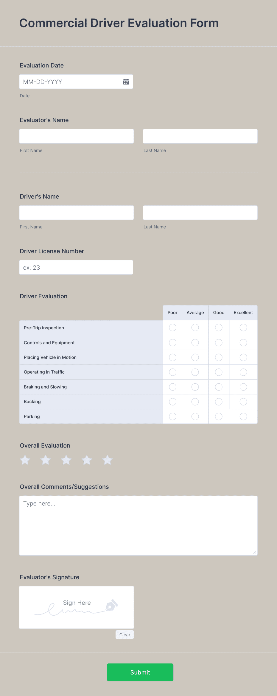 Commercial Driver Evaluation Form Template | Jotform