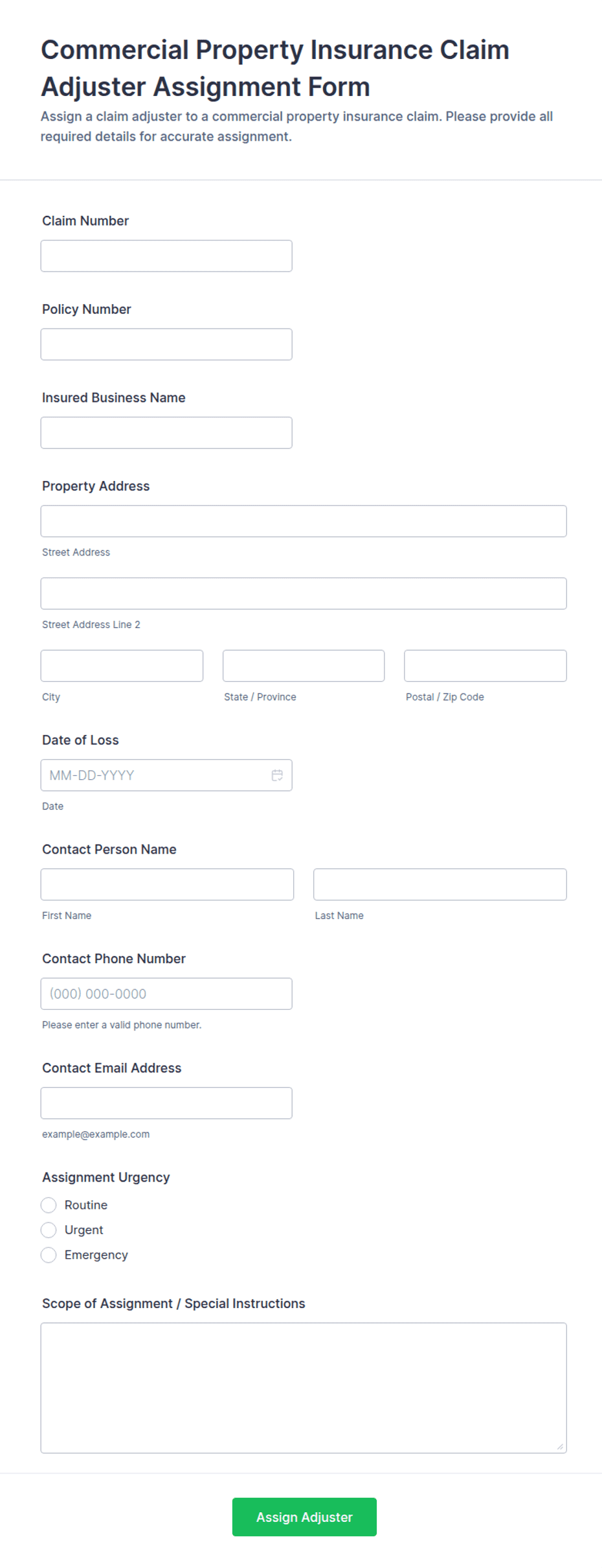Commercial Property Insurance Claim Adjuster Assignment Form Template ...