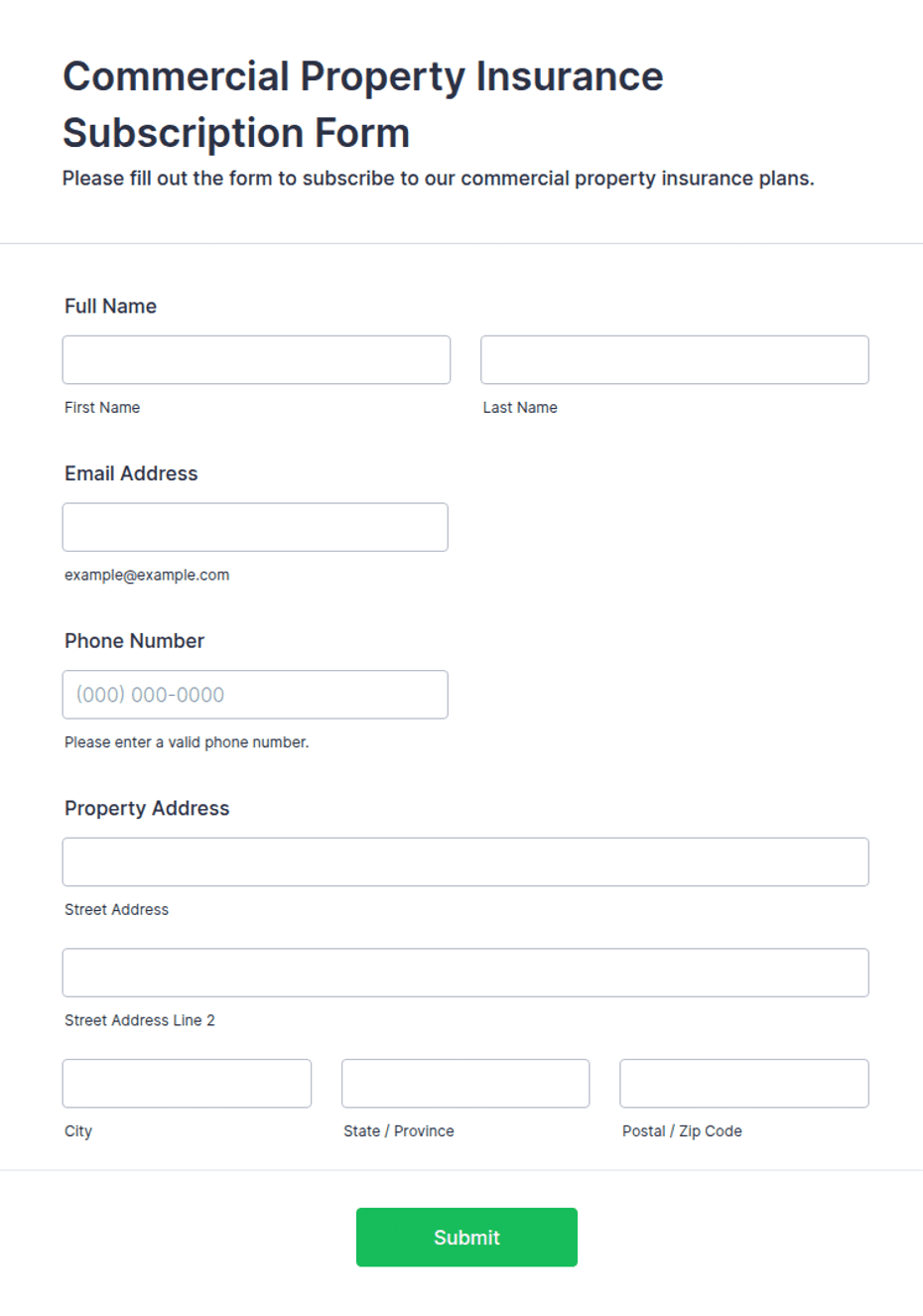 Commercial Property Insurance Subscription Form Template | Jotform