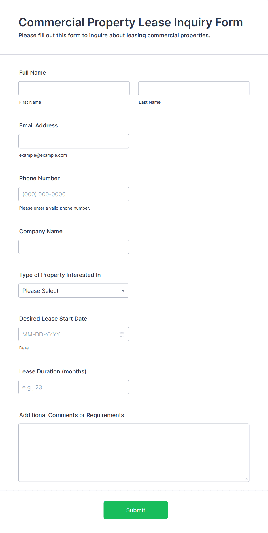 Commercial Property Lease Inquiry Form Template | Jotform