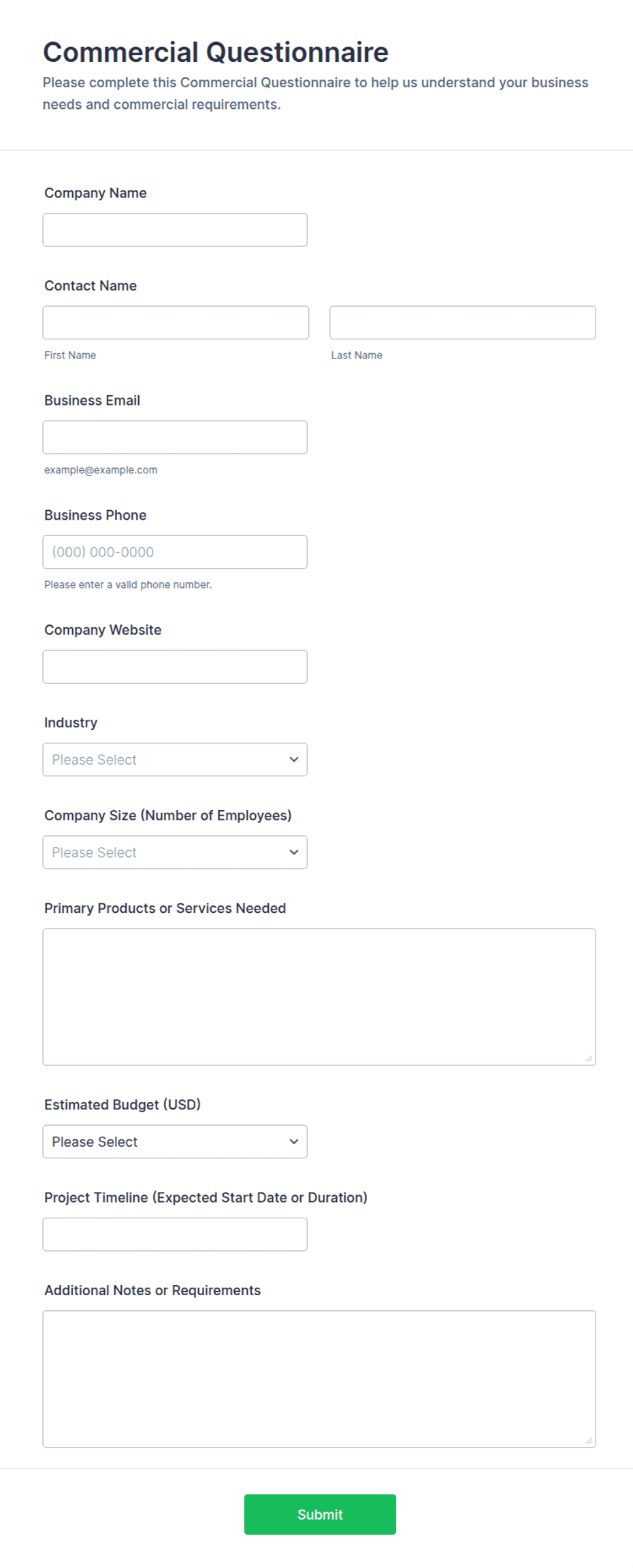Commercial Questionnaire Form Template | Jotform
