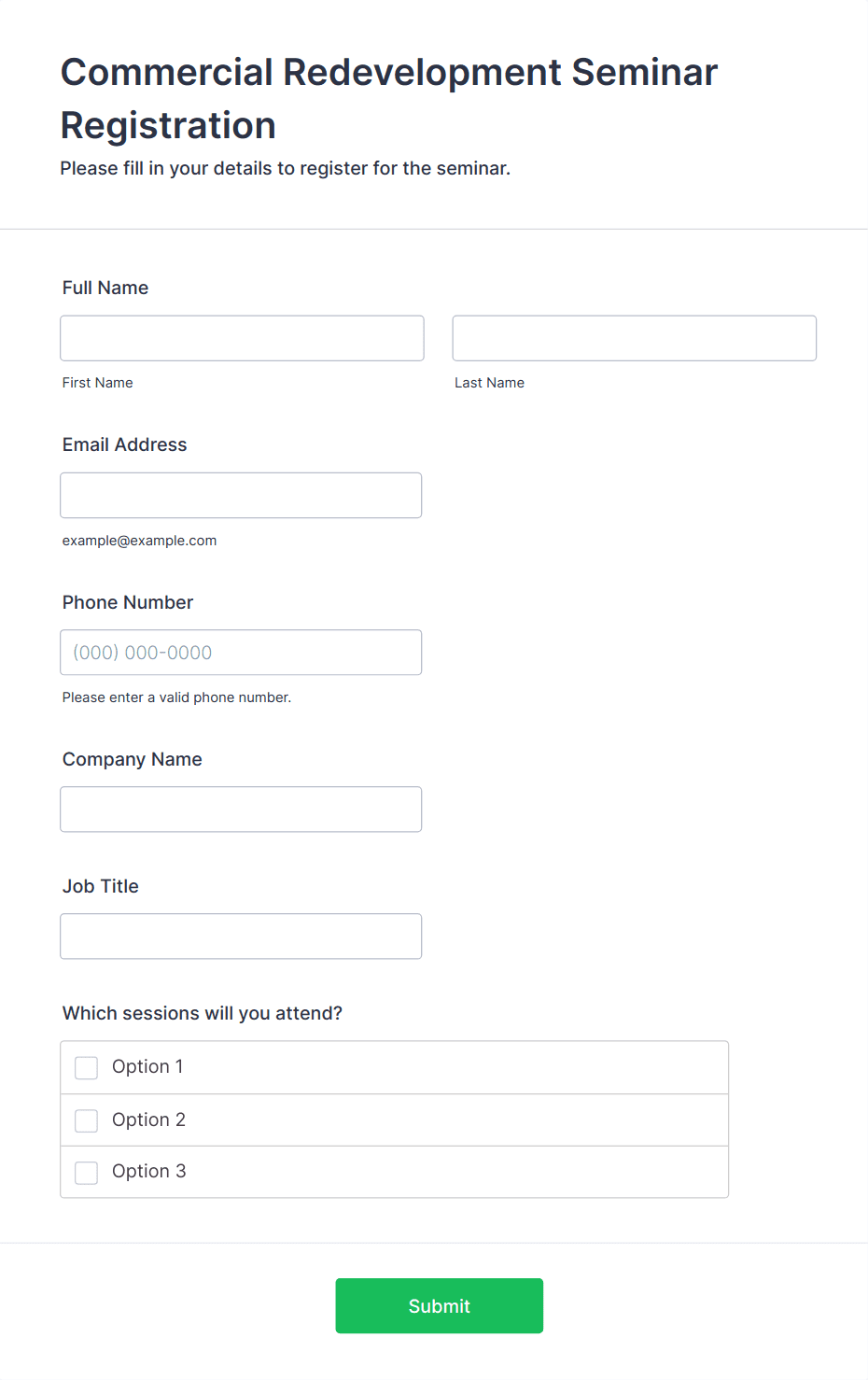 Commercial Redevelopment Seminar Registration Form Template | Jotform