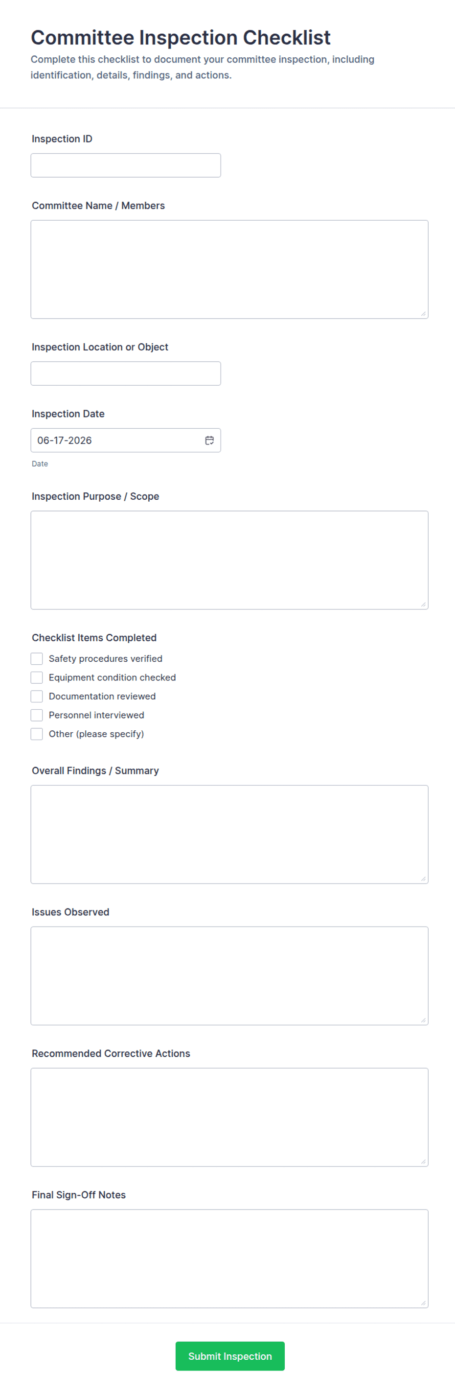 Committee Inspection Checklist Form Template | Jotform