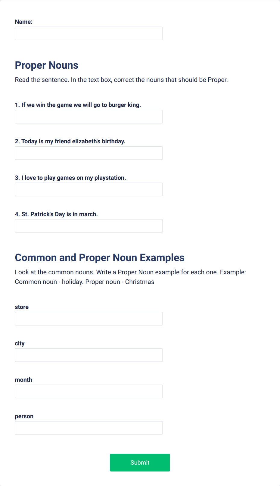 Common and Proper Nouns Worksheet Form Template | Jotform