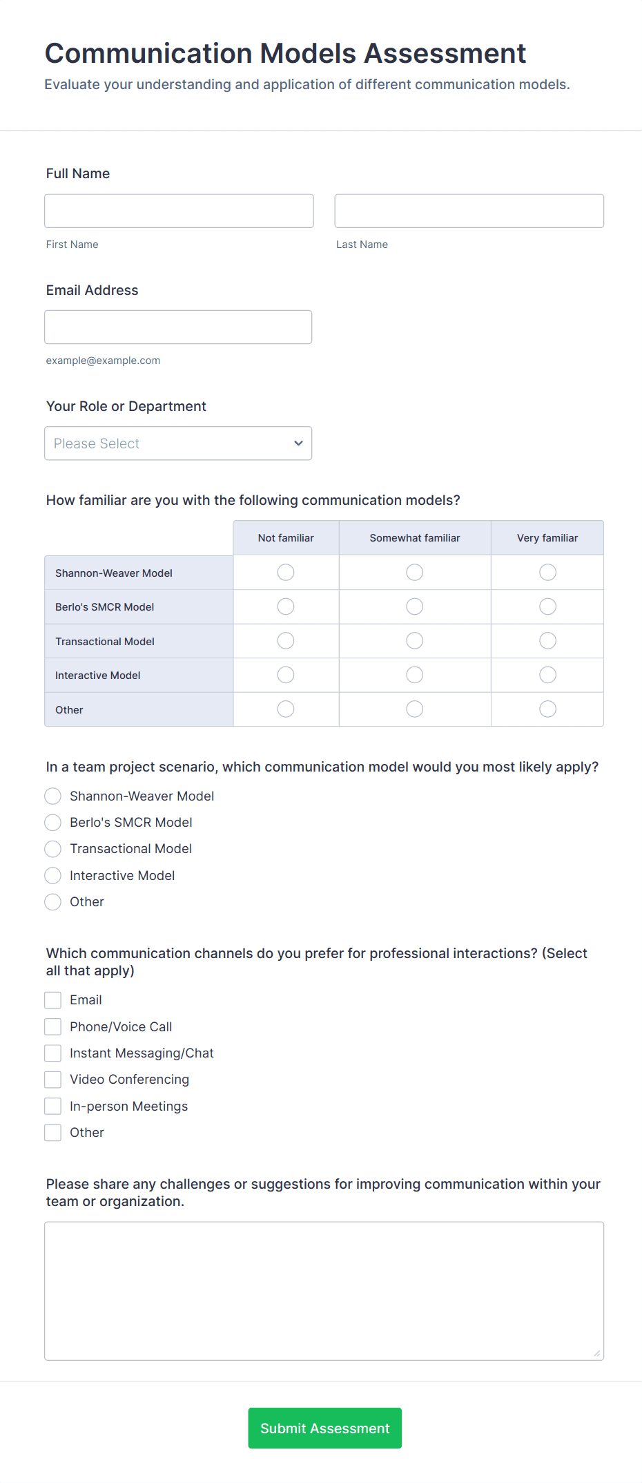 Communication Models Assessment Form Template | Jotform