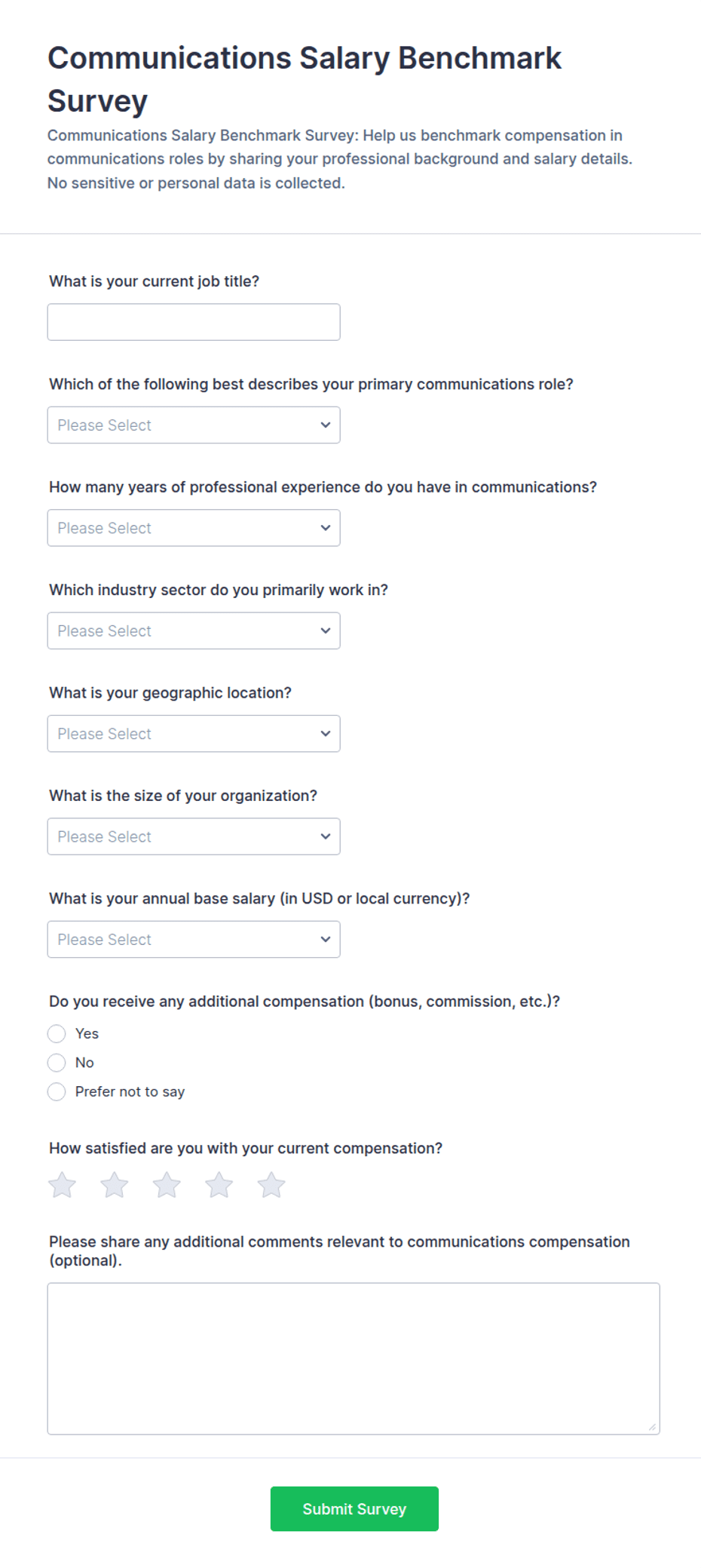 Communications Salary Benchmark Survey Form Template | Jotform