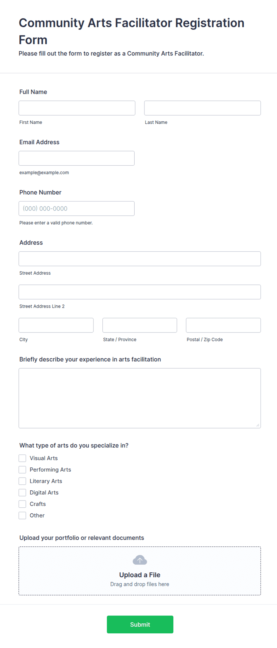 Community Arts Facilitator Registration Form Template | Jotform