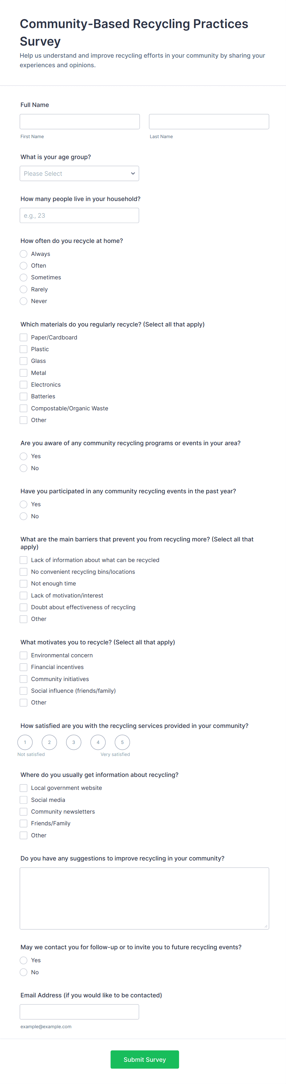 Community-Based Recycling Practices Survey Form Template | Jotform