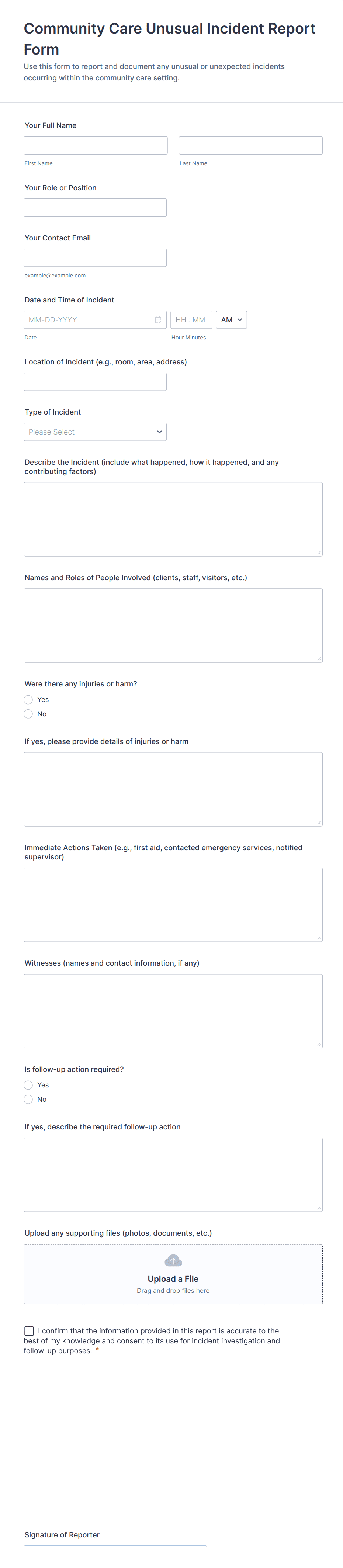 Community Care Unusual Incident Report Form Template | Jotform