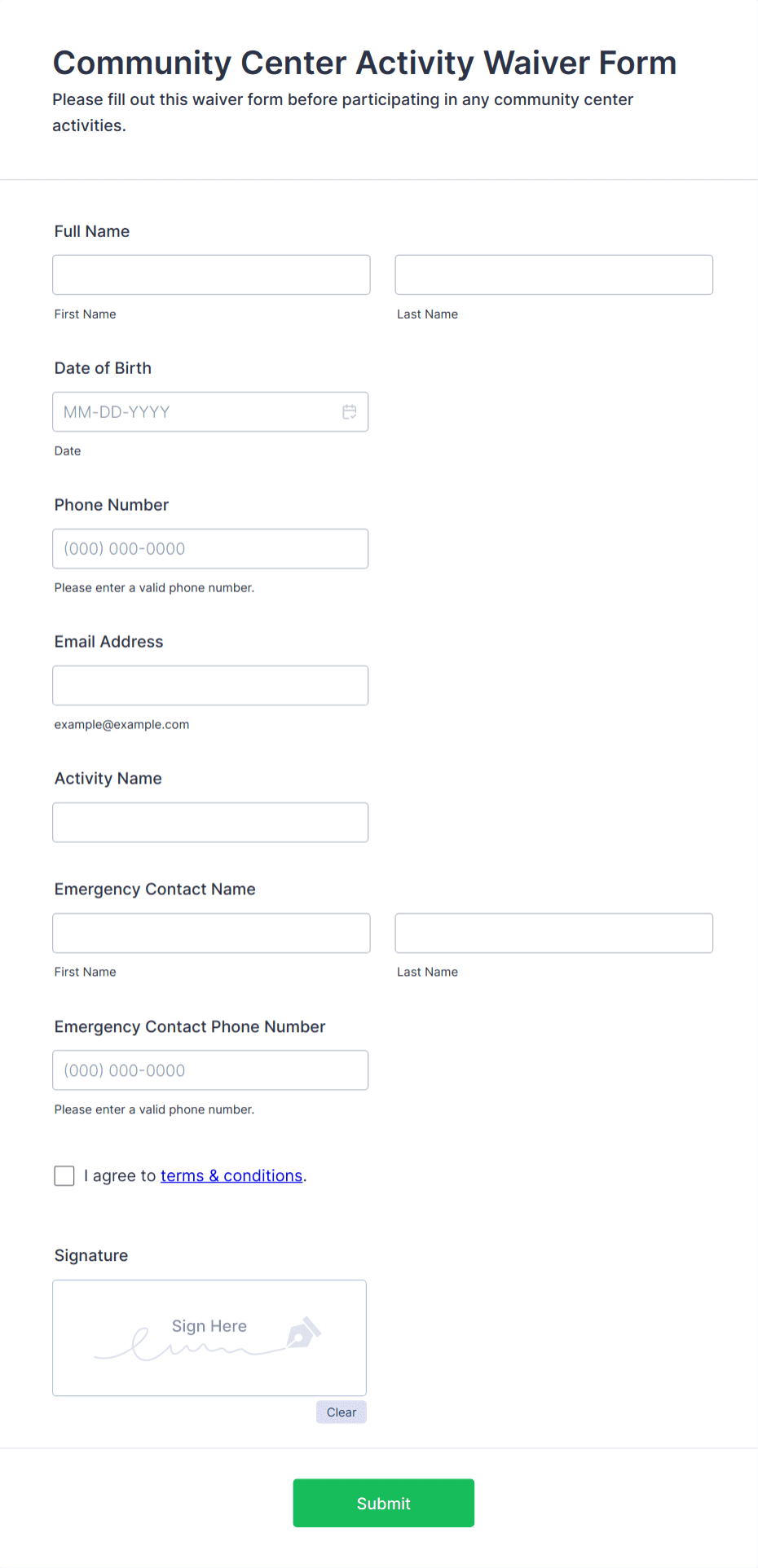 Community Center Activity Waiver Form Template | Jotform